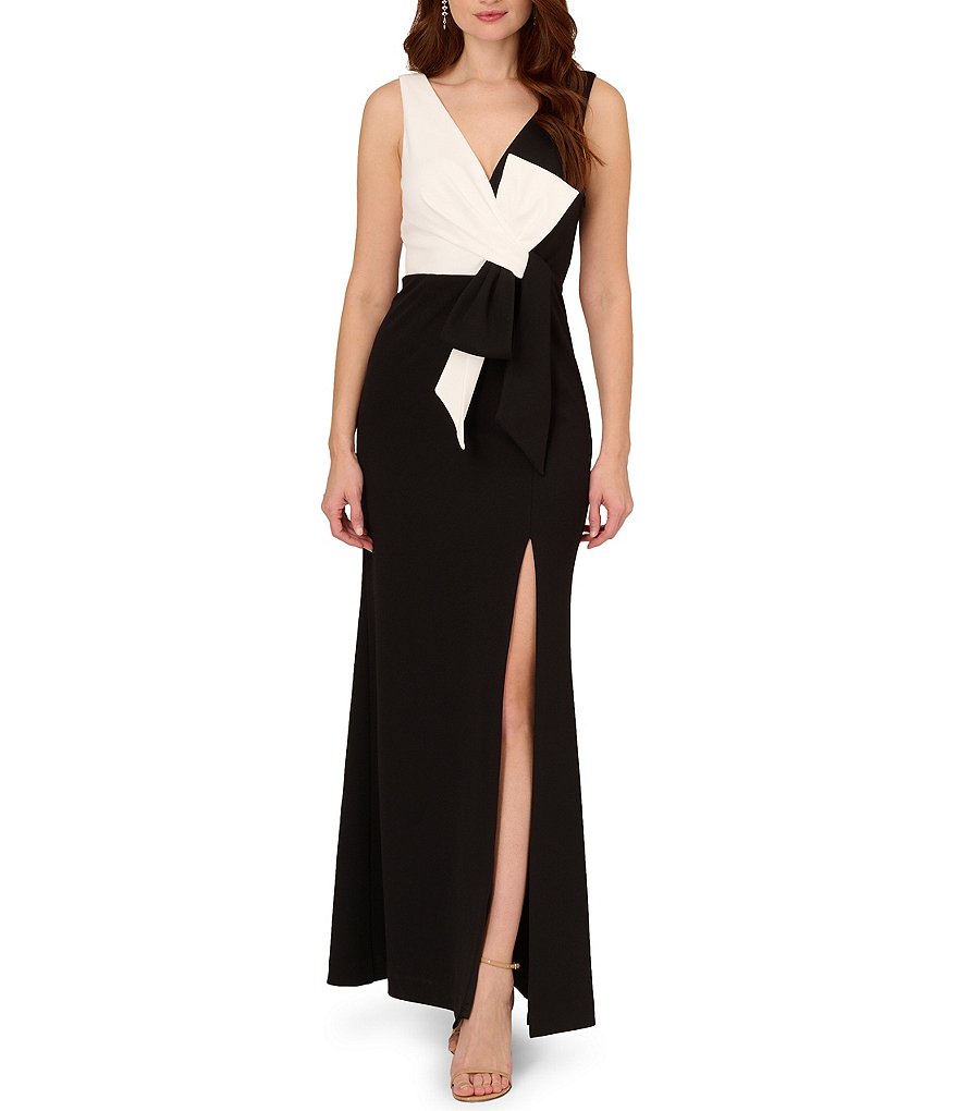Adrianna Papell Two Tone V Neck Bow Knot Front Sleeveless Gown Dillards