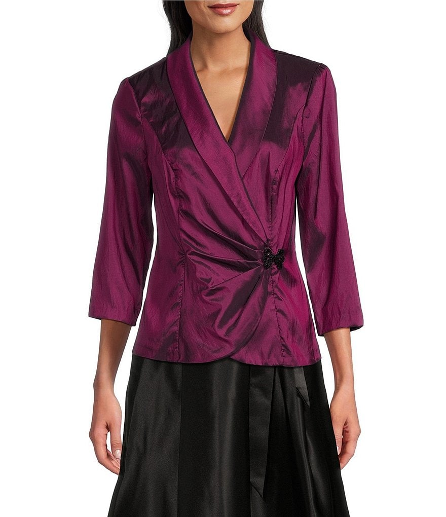 Alex Evenings 3/4 Sleeve Collared V-Neck Taffeta Blouse | Dillard's