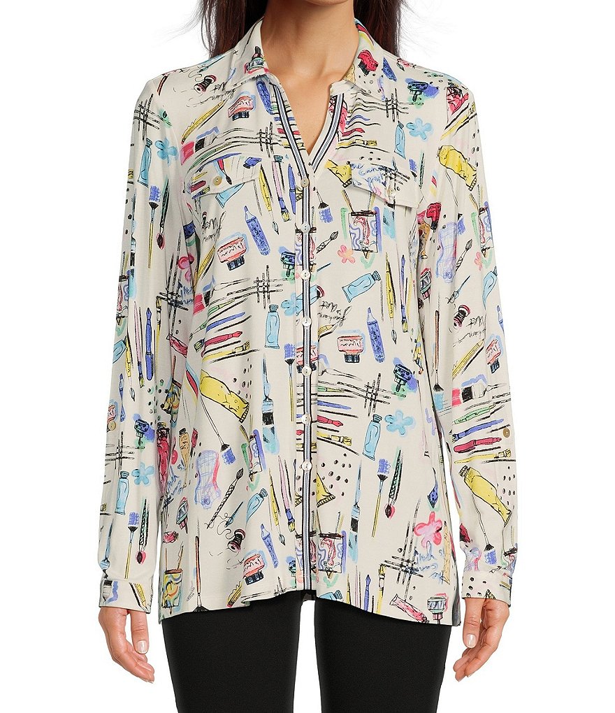 Ali Miles Novelty Print Knit Point Collar 3 4 Sleeve Button Front Tunic