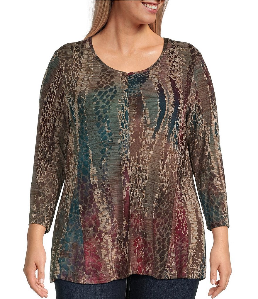 Ali Miles Plus Size Burnout Printed Stretch V-Neck 3/4 Sleeve Tunic ...