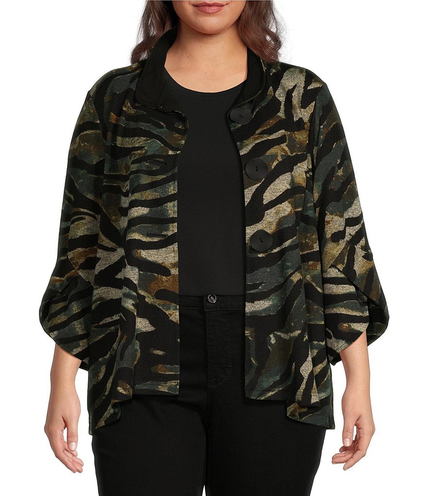 Ali Miles Plus Size Print Stretch Mandarin Collar 3/4 Sleeve Jacket ...