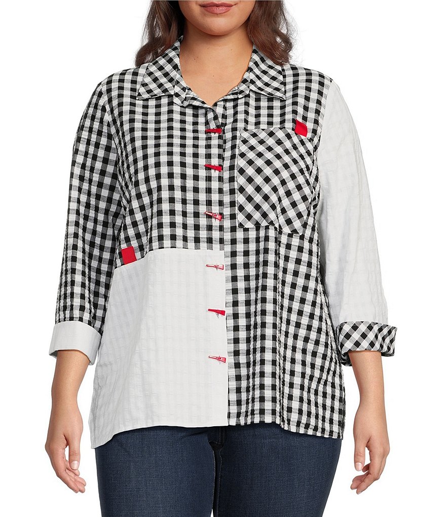 Ali Miles Plus Size Woven Gingham Patchwork Print Point Collar 3 4