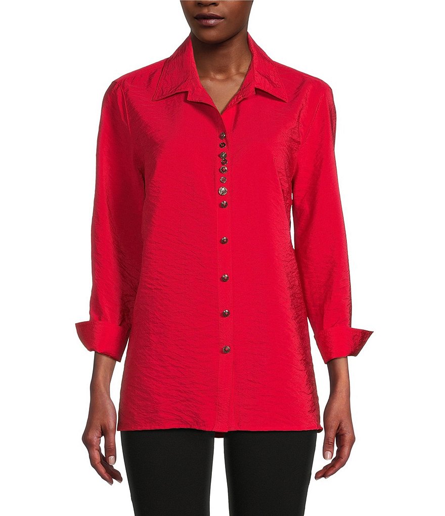 Ali Miles Solid Woven Crinkled Point Collar 3 4 Sleeve Curved Hem