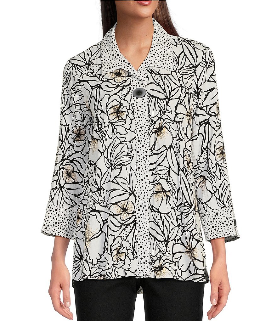 Ali Miles Woven Floral Print Point Collar 3 4 Sleeve Button Front Tunic