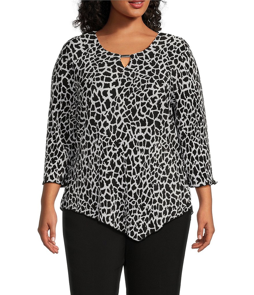 Allison Daley Plus Size 34 Sleeve Keyhole Neck Asymmetric Hem Pleated Knit Top Dillards