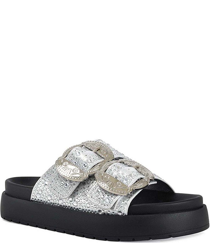 Azalea Wang Lynel Western Buckle Rhinestone Platform Slide Sandals ...