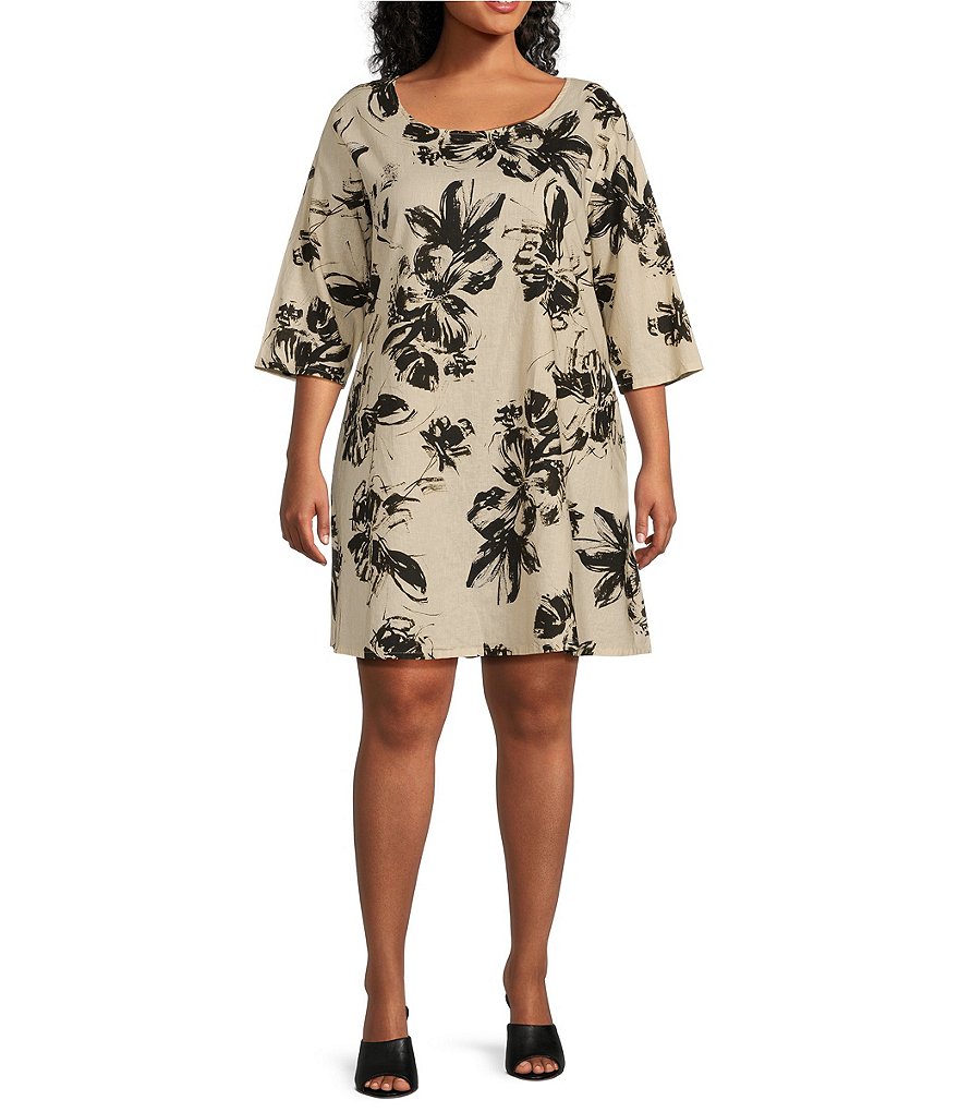Bryn Walker Plus Size Hopper Linen Blend Floral Print Scoop Neck 3 4