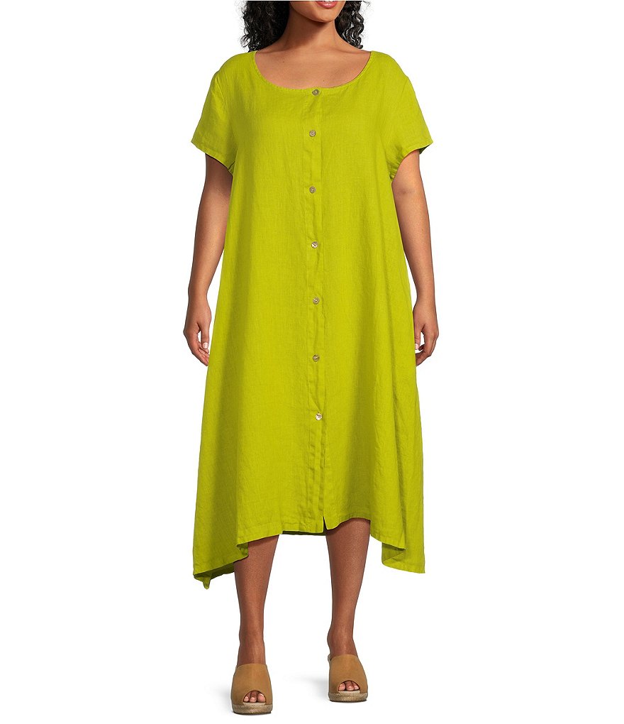 Bryn Walker Plus Size Winsor Light Linen Round Neck Cap Sleeve Button