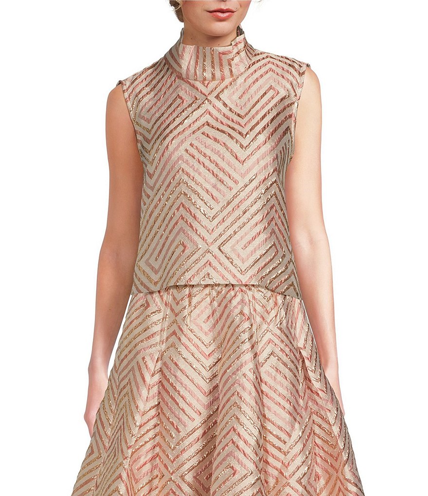 Buru Brocade Cropped Sleeveless Mock Neck Button Back Coordinating Boxy ...