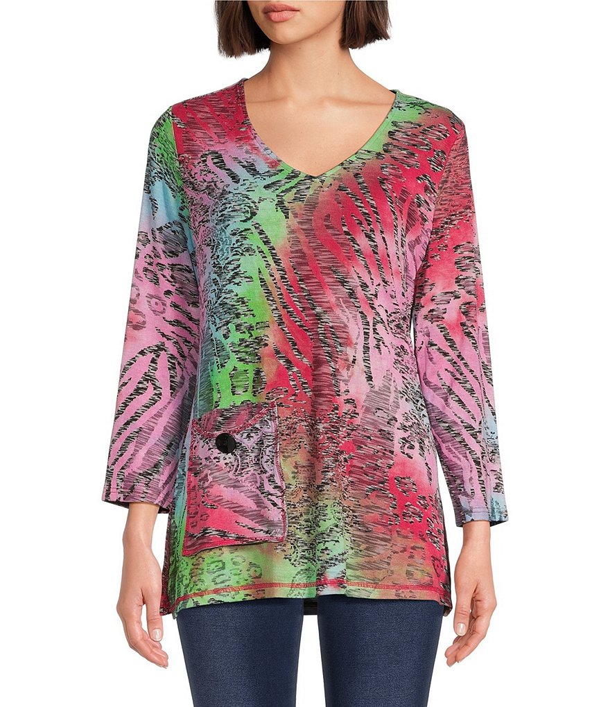 Calessa Jacquard Tie Dyed Knit V Neck 3 4 Bell Sleeve Tunic Dillards