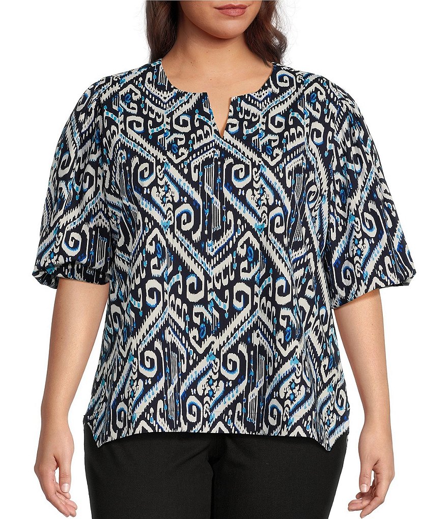 Calessa Plus Size Abstract Print Split V Neck Elbow Balloon Sleeve