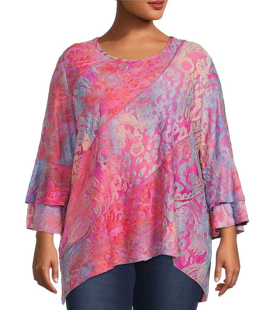 Calessa Plus Size Tie Dye Burnout Print Jewel Neck 3 4 Tiered Sleeve