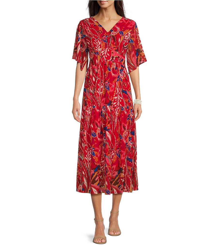 Calessa Stretch Mesh Abstract Print V Neck Short Flutter Sleeve Tiered