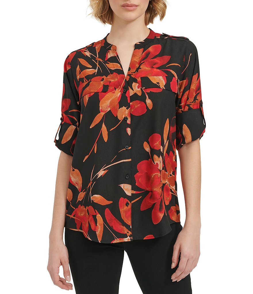 Calvin Klein Printed Split V Neckline Roll Tab Sleeve Top | Dillard's