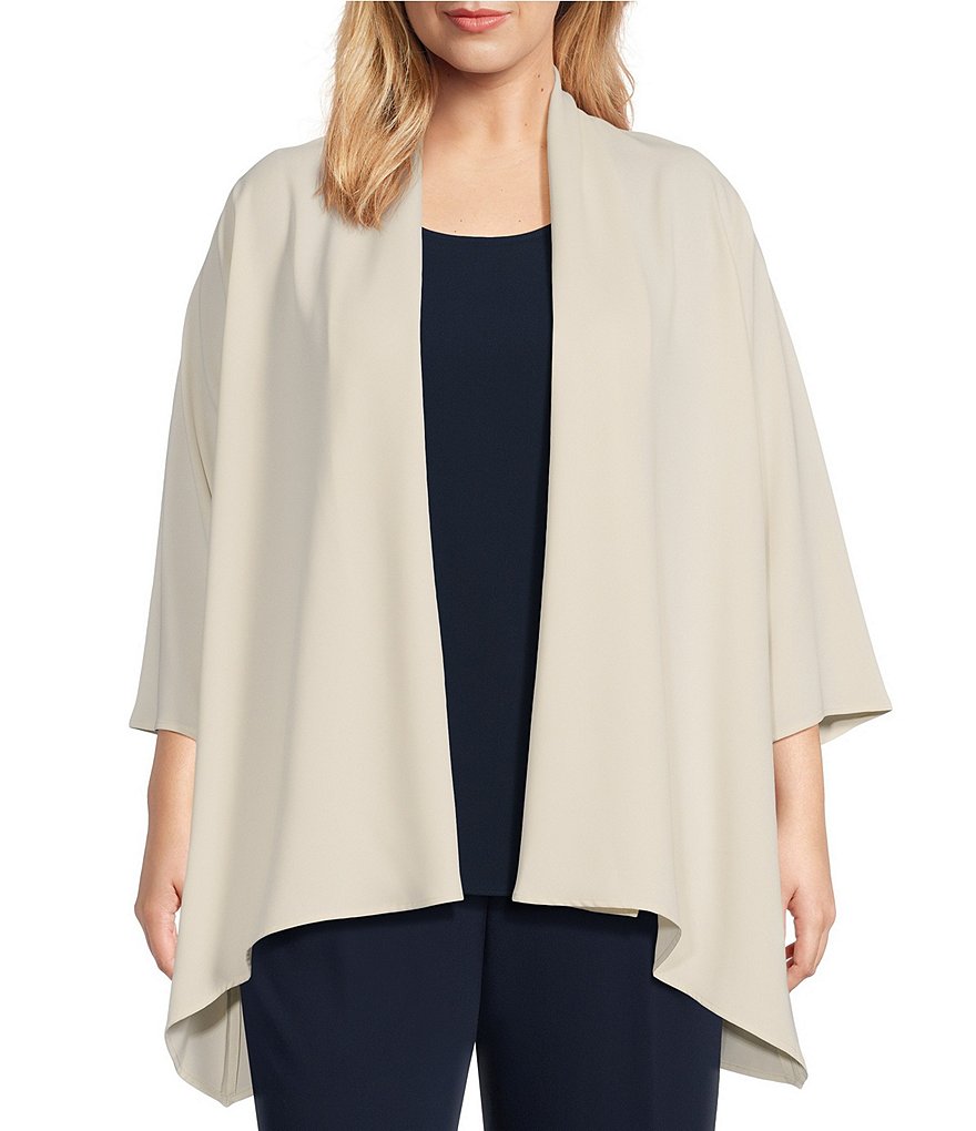 Caroline Rose Plus Size Matte Crepe Open-Front Side Drape 3/4 Sleeve ...