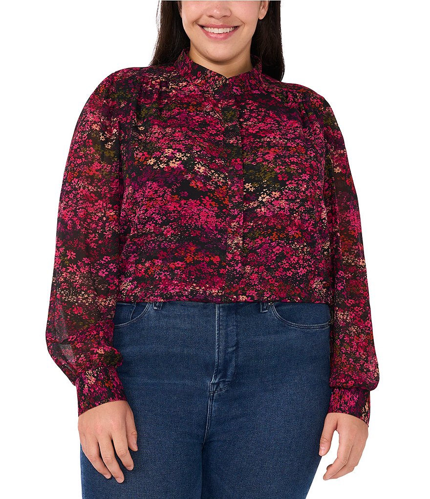 CeCe Plus Size Woven Yoryu Ditsy Floral Print Split V-Neck Collar Long ...