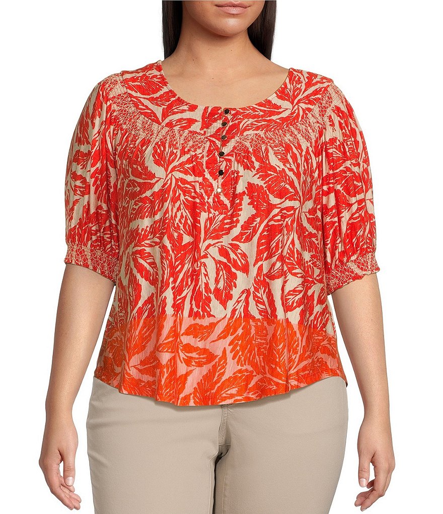 Democracy Plus Size Leaf Print Round Neck 3 4 Blouson Sleeve Smocked