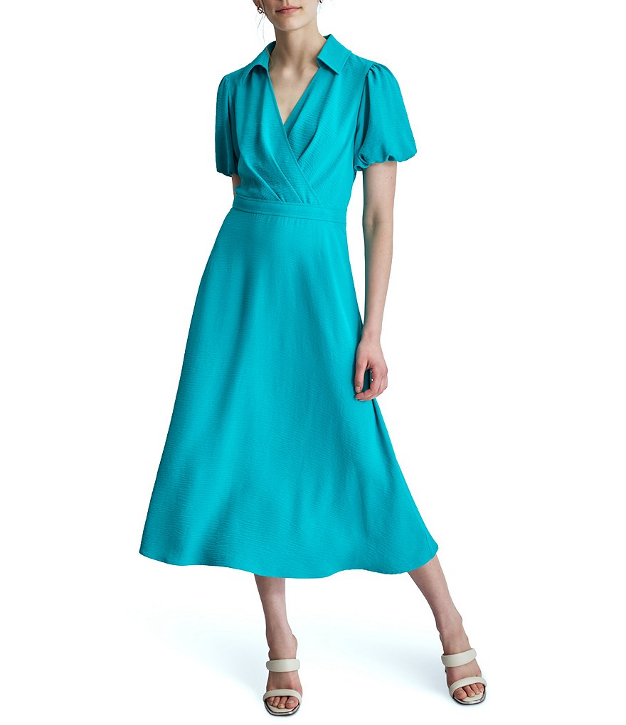 Dkny By Donna Karan Surplice Collar V Neck Short Puff Sleeve Midi Dress