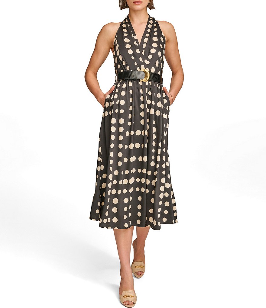 Donna Karan Sleeveless V Neck Belted Polka Dot Midi Dress Dillards