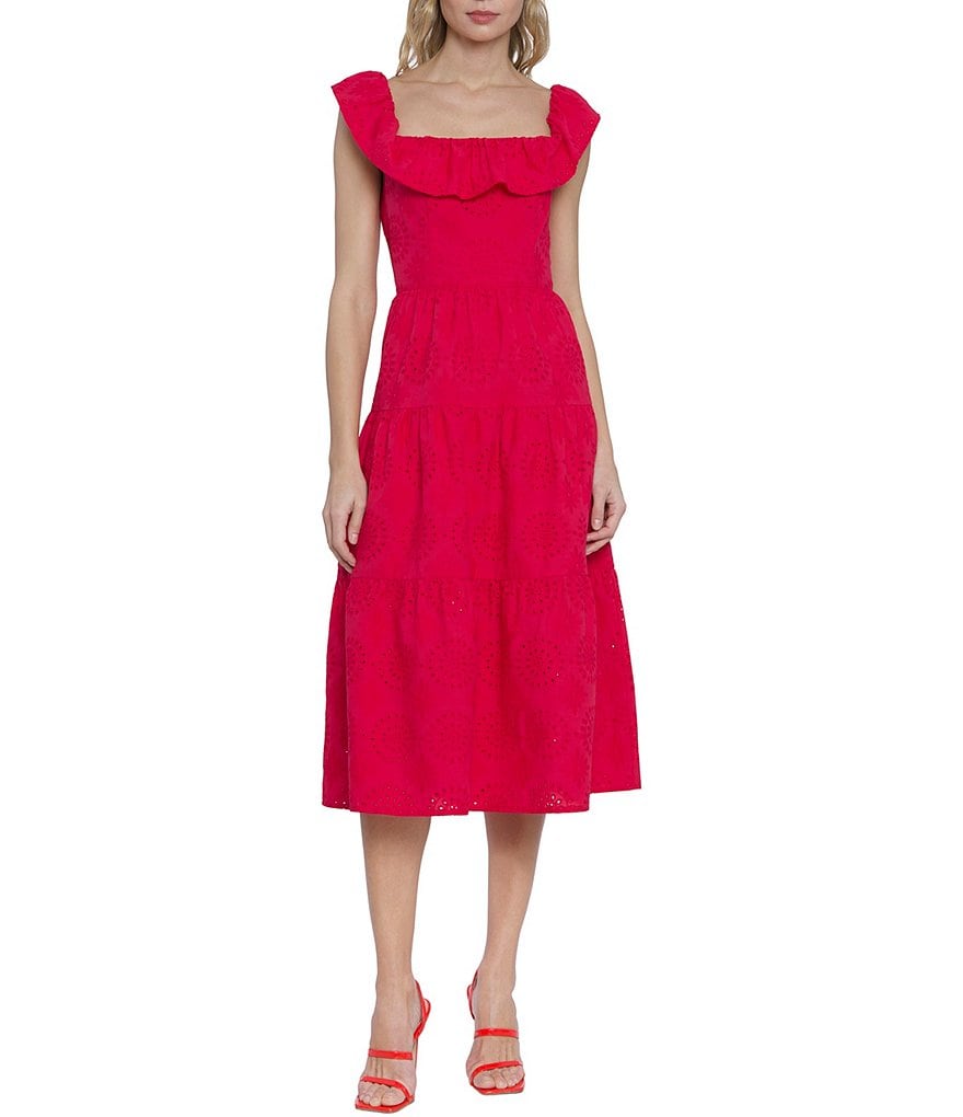 Donna Morgan Eyelet Square Neck Flutter Sleeve Tiered Midi Dress