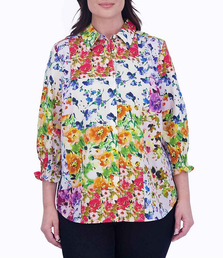 Foxcroft Plus Size Oliva Floral Print Point Collar 3 4 Sleeve Button