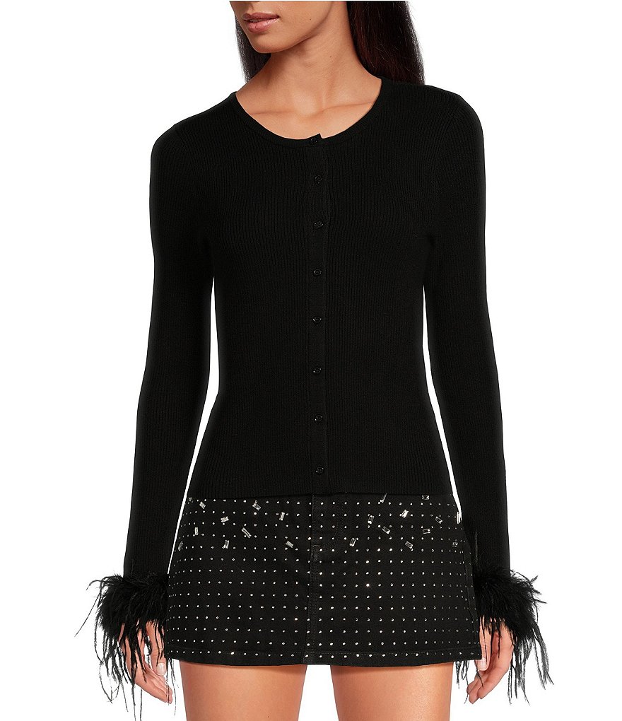 Gianni Bini Farrah Ribbed Knit Feather Trim Crew Neck Long Sleeve Button Front Cardigan | Dillard's