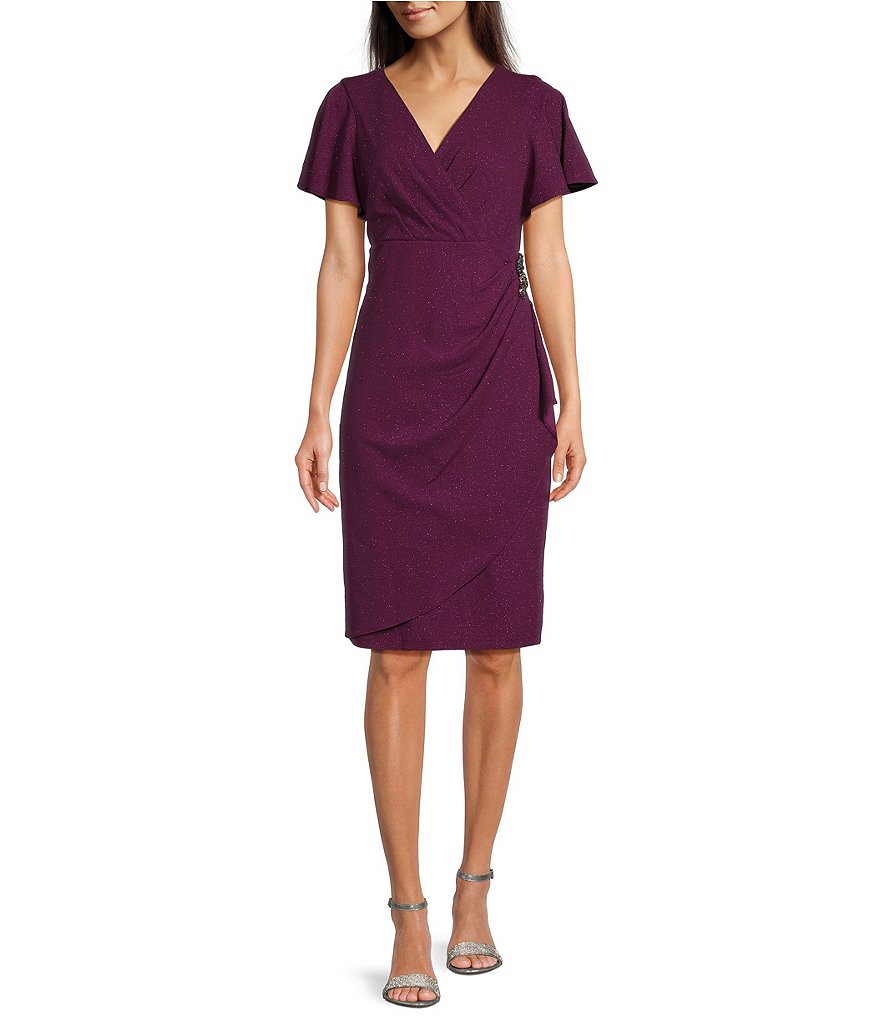 Ignite Evenings Short Flutter Sleeve V Neck Metallic Knit Sheath Dress