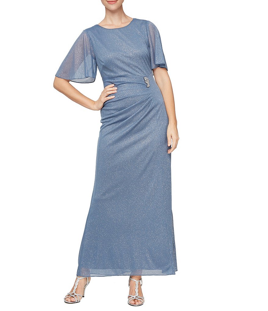Ignite Evenings Glitter Mesh Ruched Embellished Waist Round Neck Short