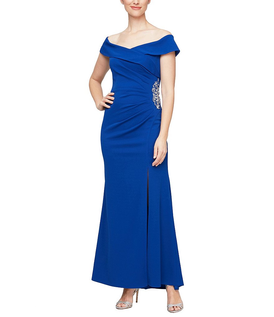 Ignite Evenings Off The Shoulder Portrait Collar Ruched Embellished