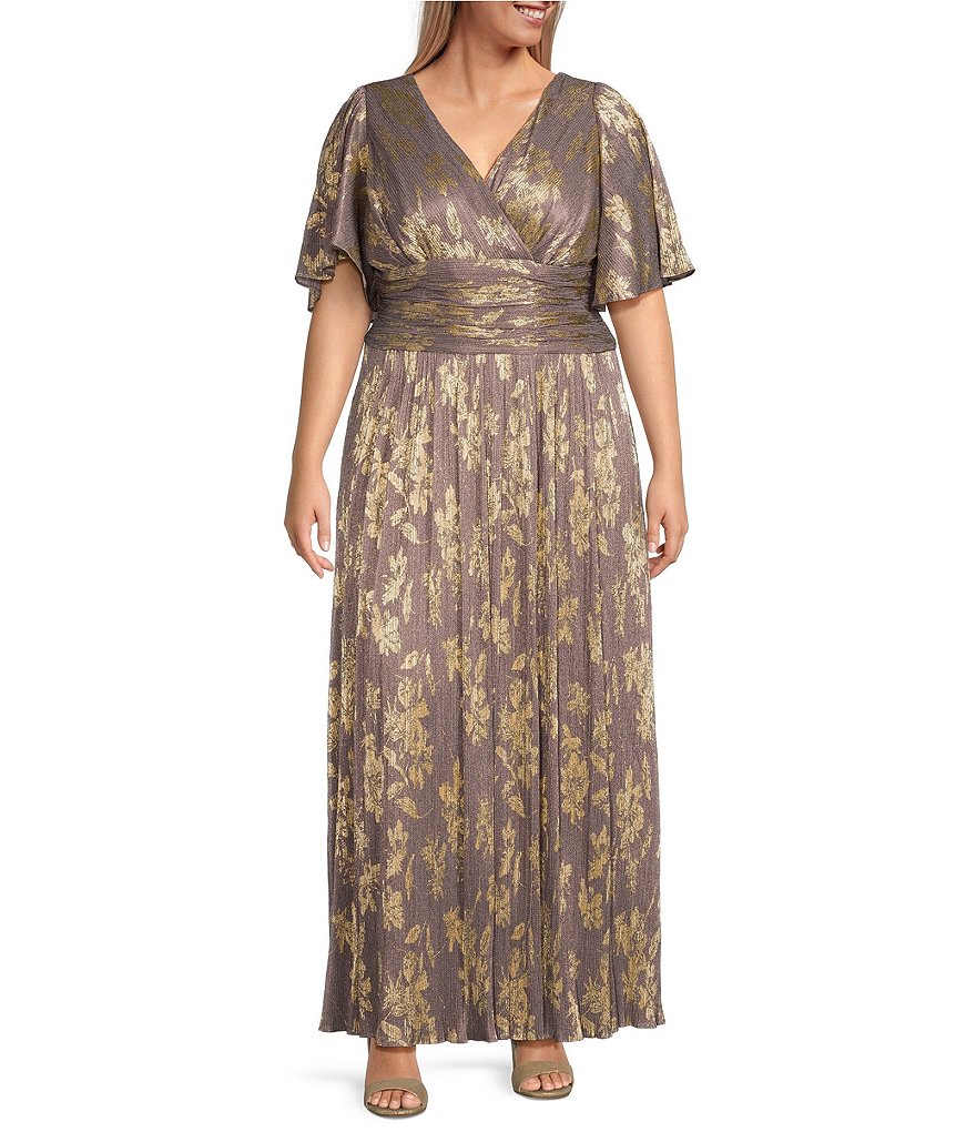 Ignite Evenings Plus Size Bodre Surplice Neck Flutter Sleeve Foil
