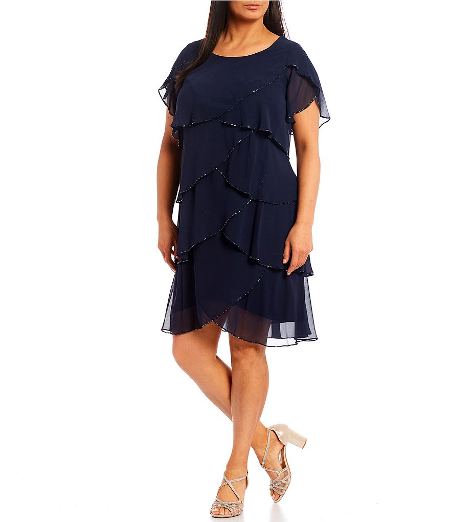 Ignite Evenings Plus Size Round Neck Short Flutter Sleeve Beaded Trim