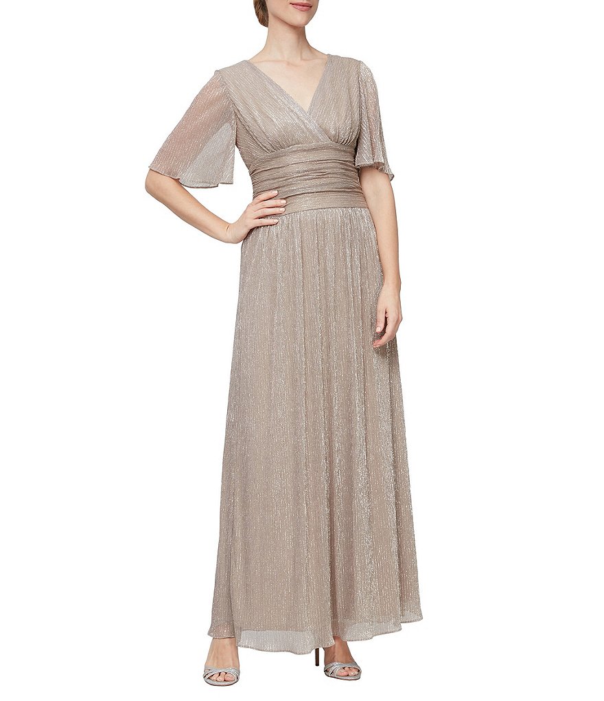 Ignite Evenings Short Flutter Sleeve Surplice V Neck Ruched Waist A