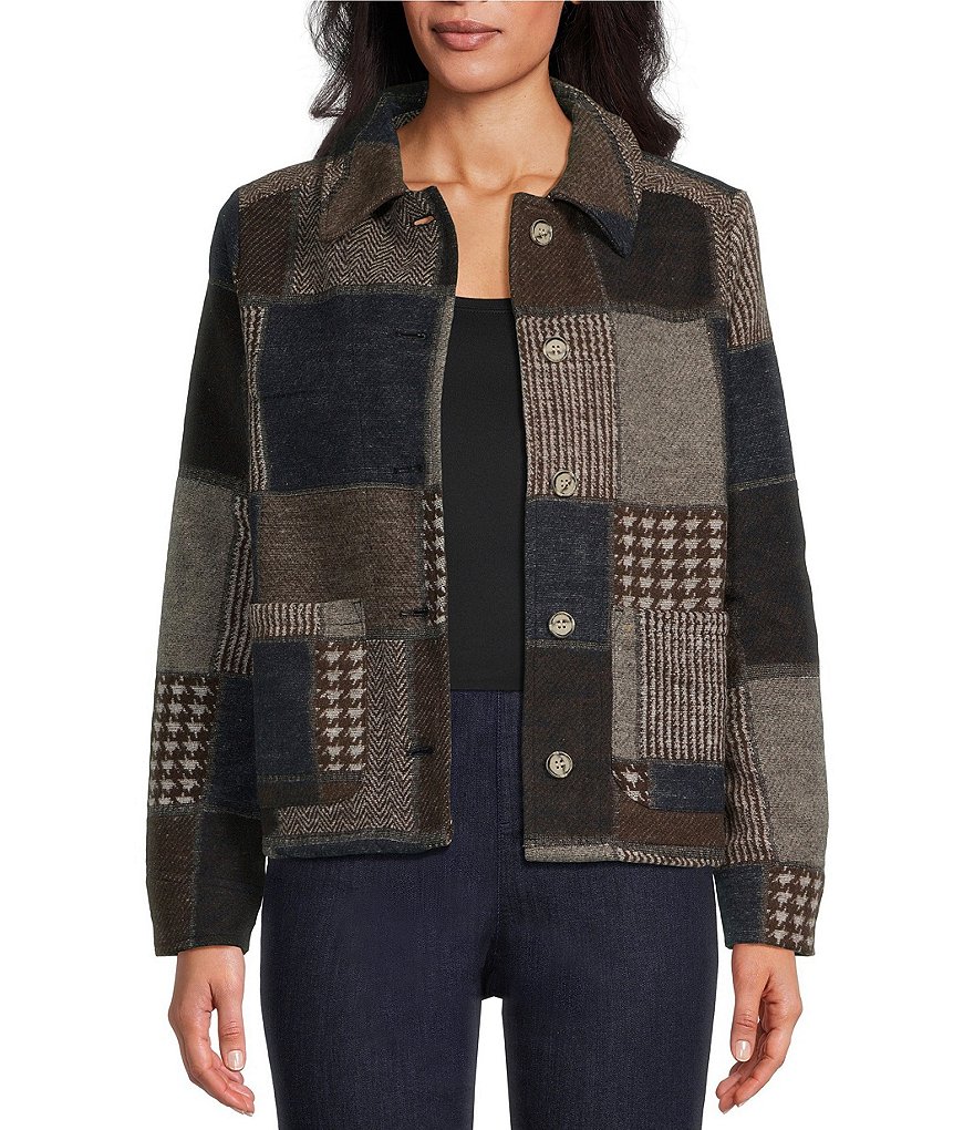 Intro Yarn Dye Patchwork Point Collar Long Sleeve Button Front Jacket ...