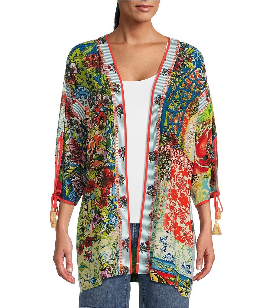 John Mark Embroidered Printed 3 4 Sleeve Tassel Ties Detail High Low