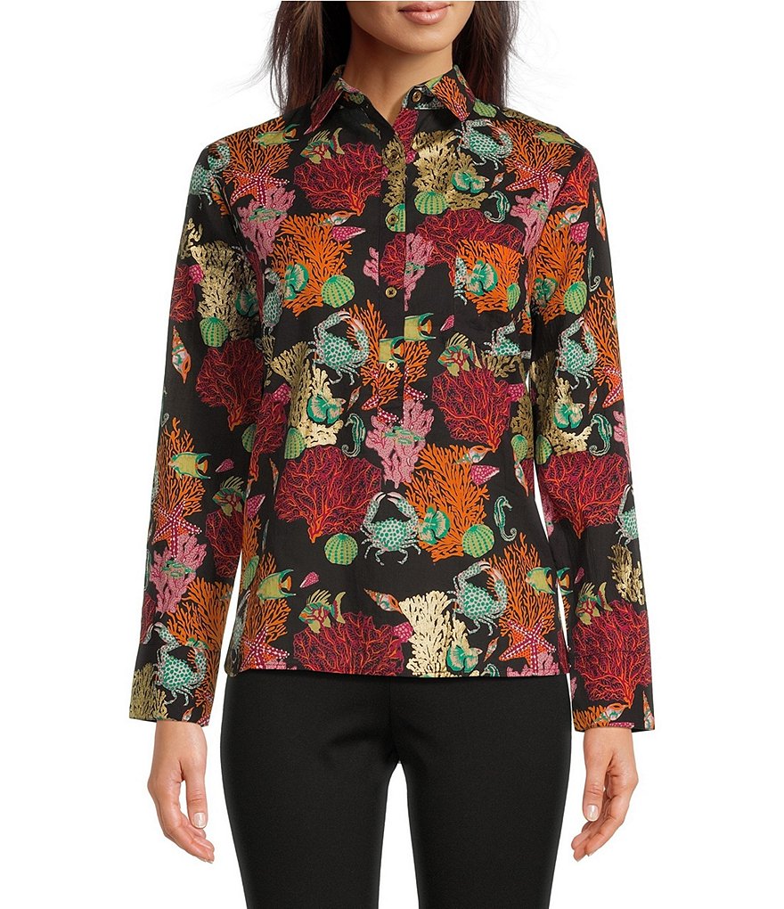 Jude Connally Pru Cotton Voile Sea Coral Reef Print Point Collar Long