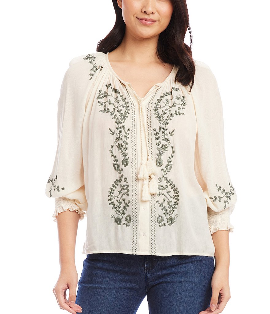 Karen Kane Gauze Knit Embroidered Split V Neck 3 4 Blouson Sleeve
