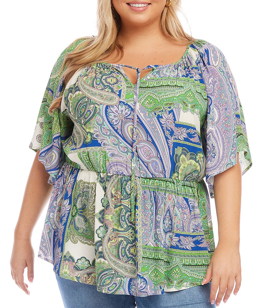 Karen Kane Plus Size Paisley Print Scoop Neck Short Bell Sleeve Peasant