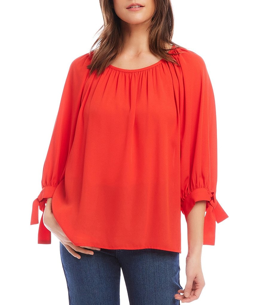 Karen Kane Plus Size Solid Scoop Neck Blouson Tie Cuffs 3 4 Sleeve