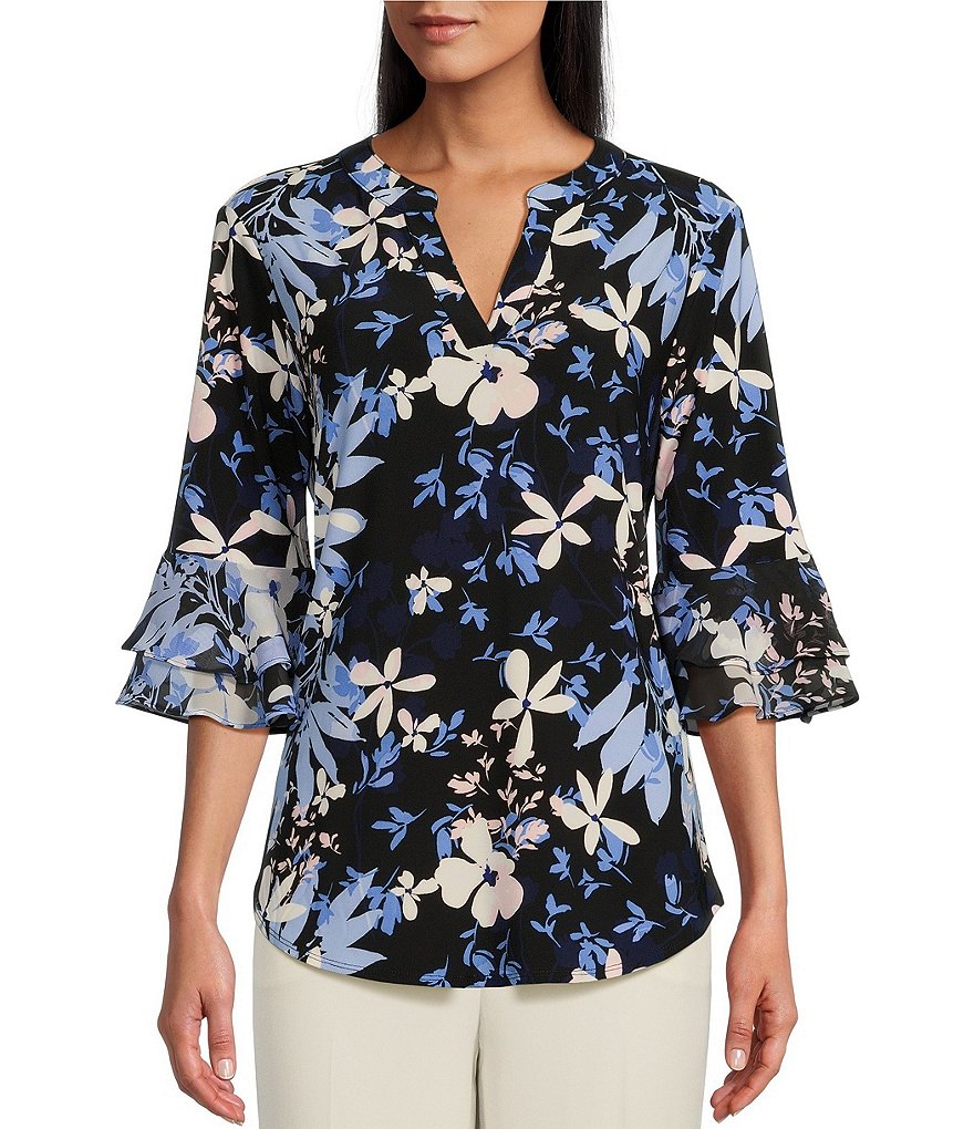 Kasper Crepe Floral Print Split V Neck 3 4 Sleeve Blouse Dillards