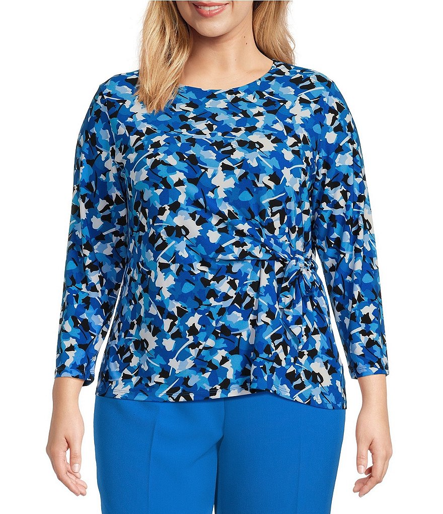 Kasper Plus Size Abstract Print Crew Neckline 3/4 Sleeve Tie Front Top ...