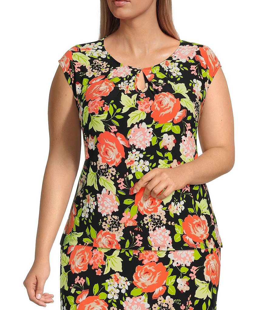 Kasper Plus Size Printed Keyhole Neck Cap Sleeve Coordinating Top ...