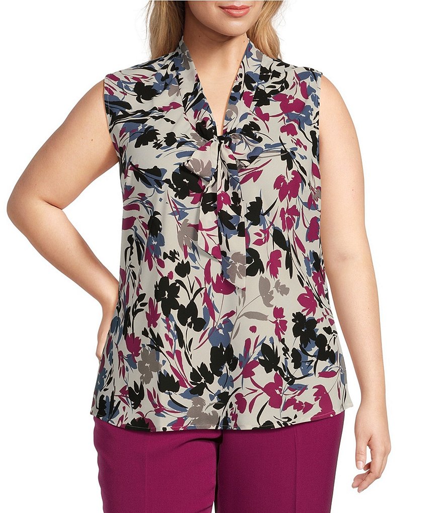 Kasper Plus Size Printed V-Neck Sleeveless Tie Front Blouse | Dillard's