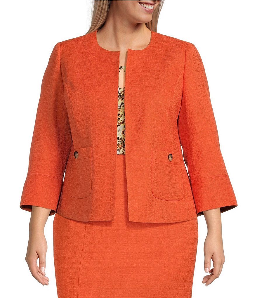 Kasper Plus Size Textured Patch Pocket Crew Neck 3/4 Sleeve Jacket ...