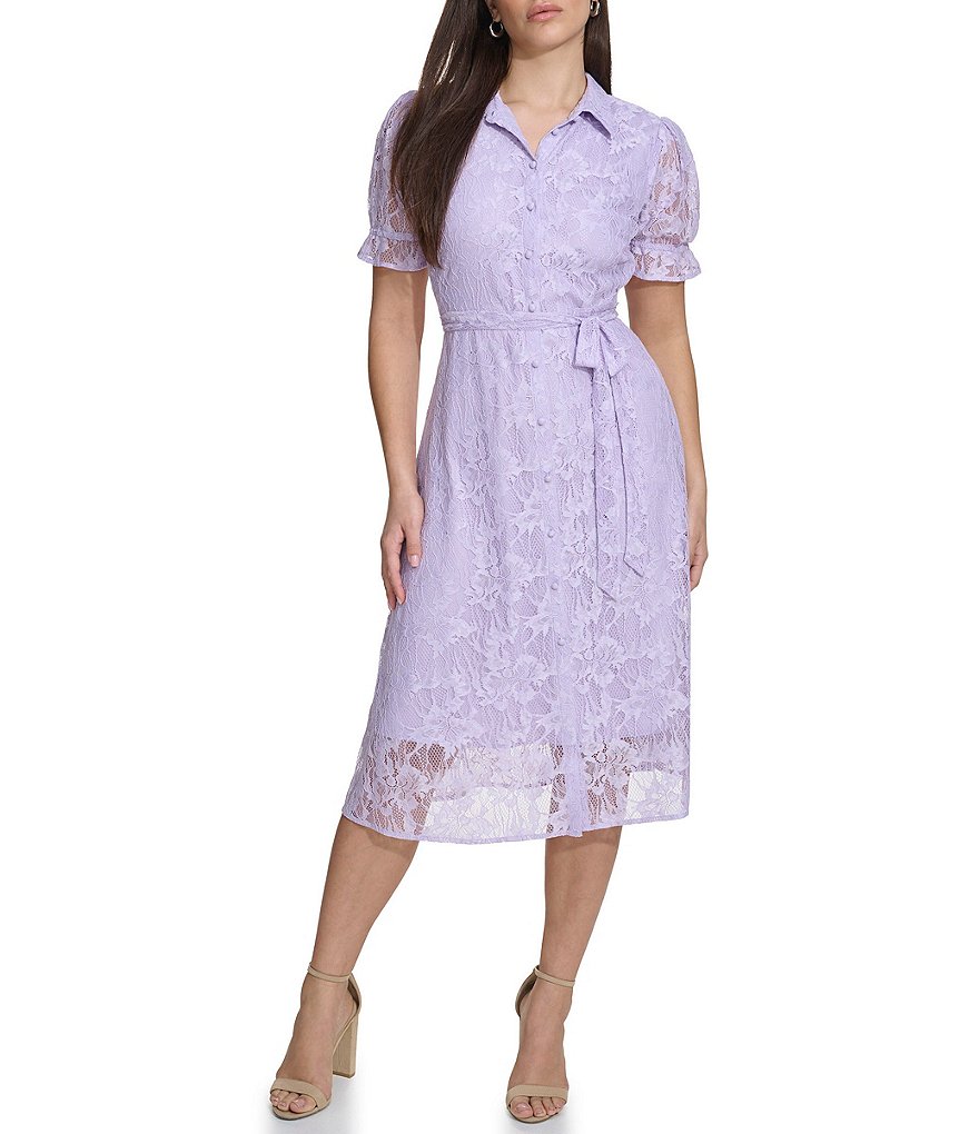 Kensie Floral Lace Button Front Collar Short Puff Sleeve Tie Waist