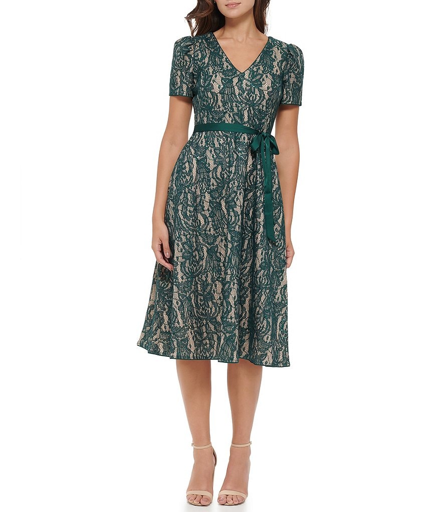 Kensie Stretch Sequin Lace Short Sleeve V Neck Midi Dress Dillards