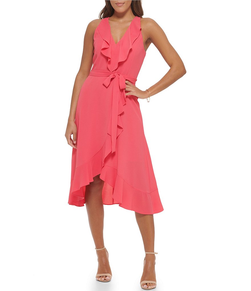 Kensie V Neck Sleeveless Tie Waist Ruffled Pebble Crepe Dress Dillards