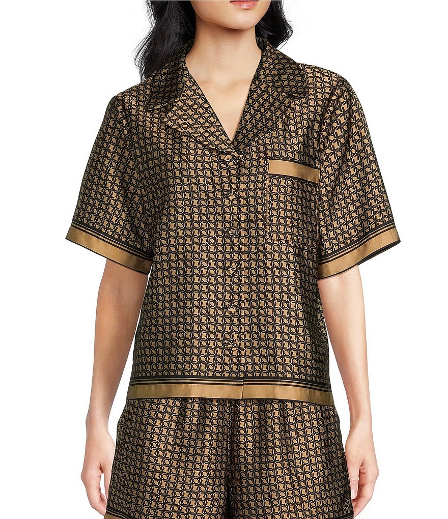 Le' AL.X Coordinating Border Printed Button Front Short Sleeve Cropped ...