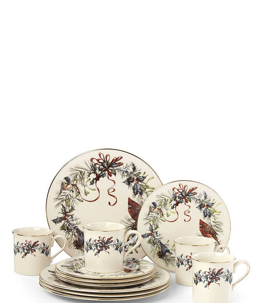 Lenox Winter Greetings 12-Piece 24K Gold Trimmed Dinnerware Set | Dillard's