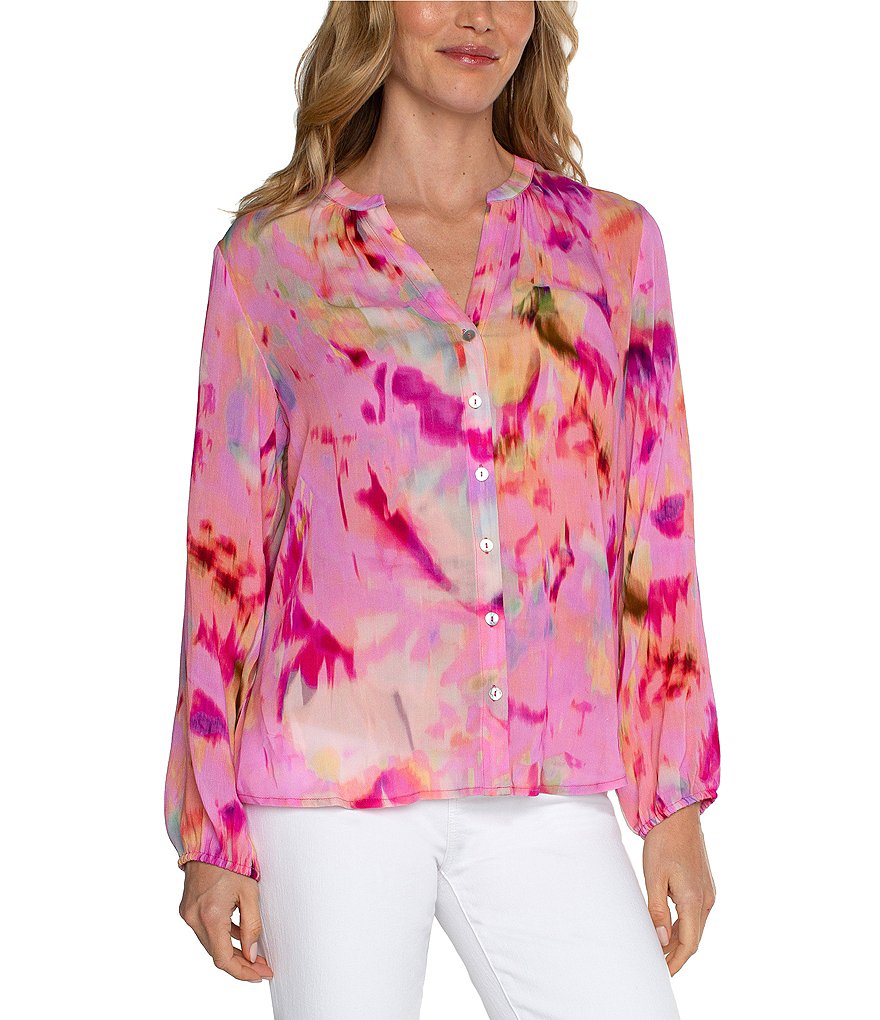 Liverpool Los Angeles Split Round Neck Long Sleeve Button Front Blouse