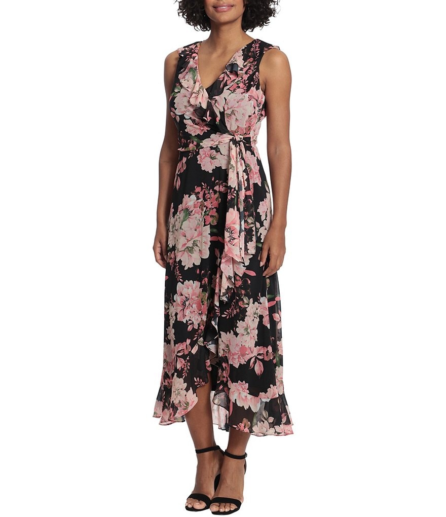 London Times Floral Print Ruffled Hem Faux Wrap Dress Dillards
